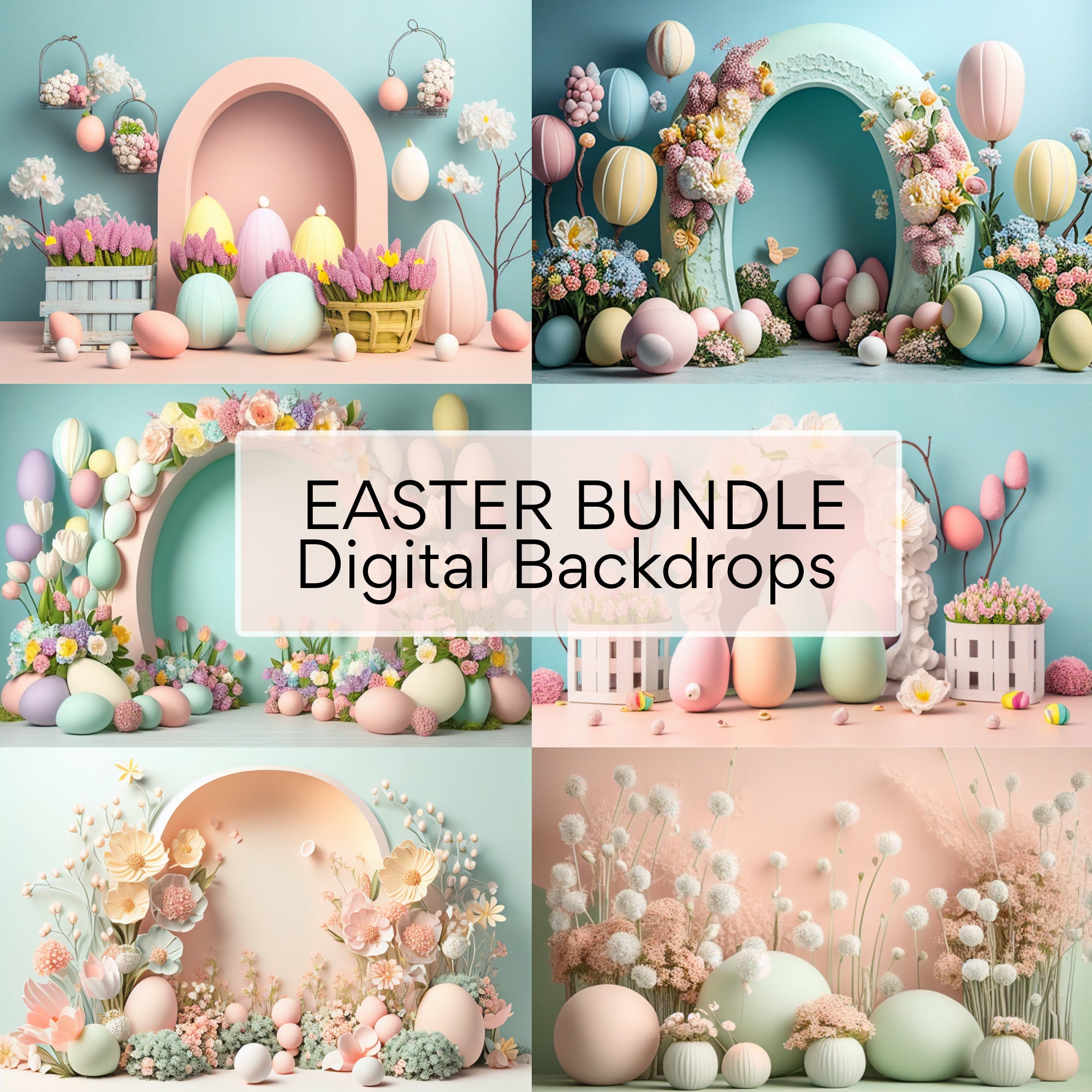 6 EASTER Floral Digital Backdrops BUNDLE, Cute Pastel Overlays, Easter ...