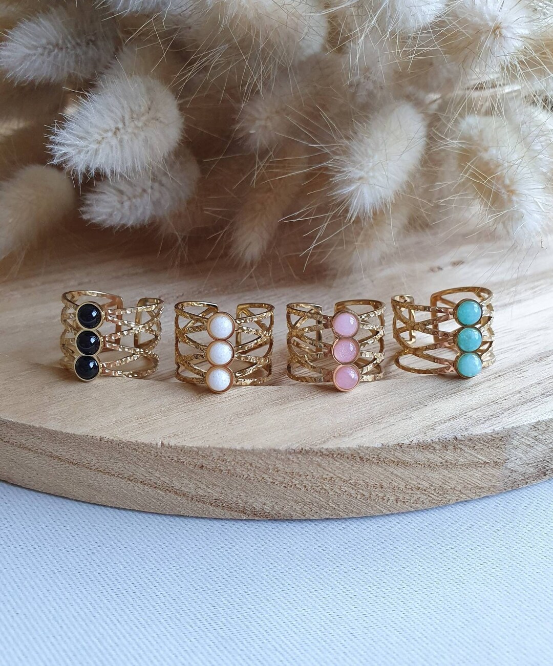 Adjustable Ring in Stainless Steel and Multi Natural Stone Jade Ring ...