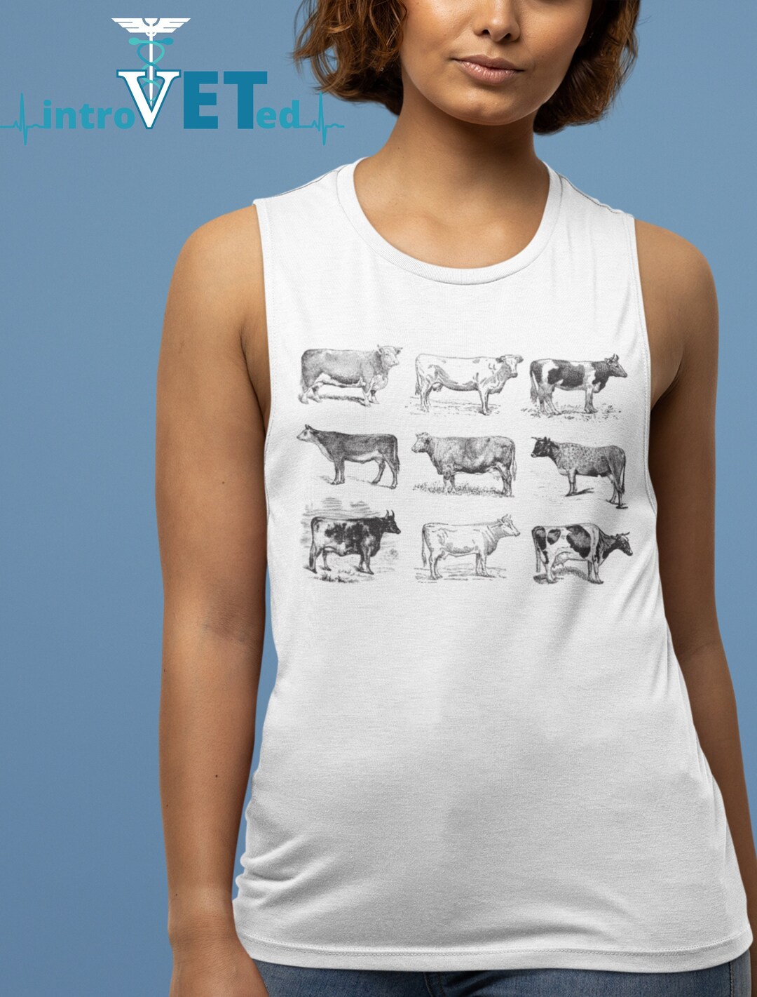 Cow Sketch Ladies Muscle Tank,cow Tank,cow Tank Top,vintage Cow Drawing ...