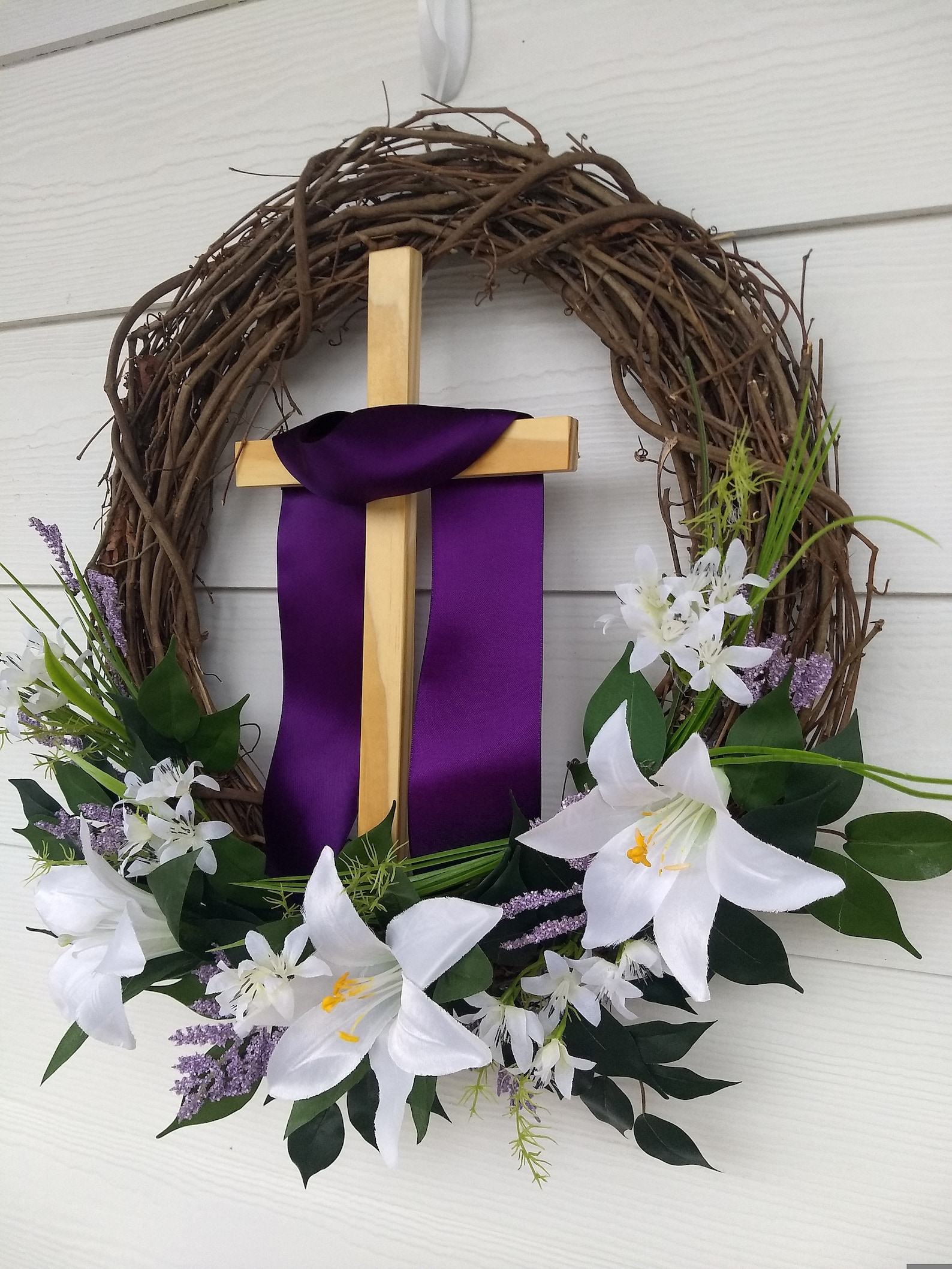 Easter Lily Cross Wreath, Purple Draped Wood Cross, Religious Decor ...