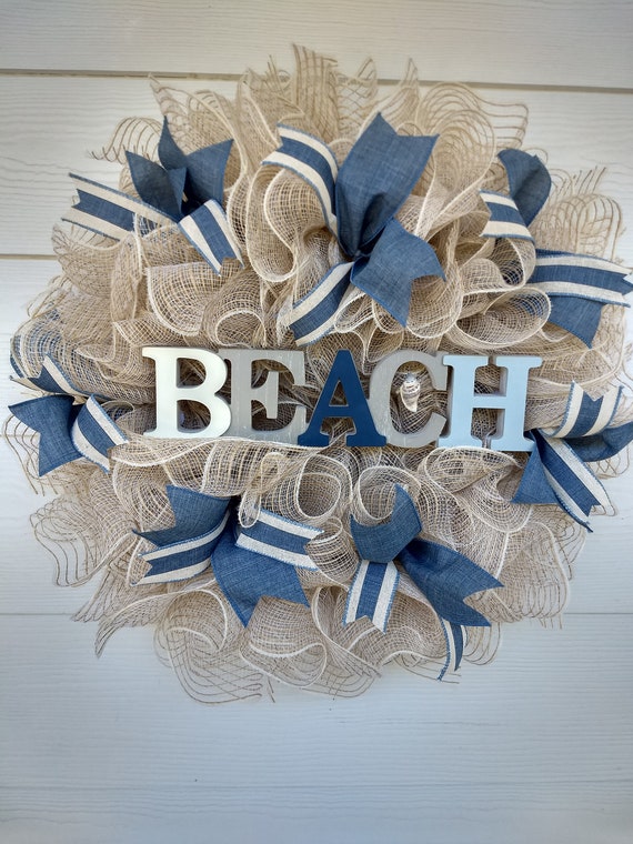 Beach wreath mesh beach wreath shades of blue wreath summer | Etsy