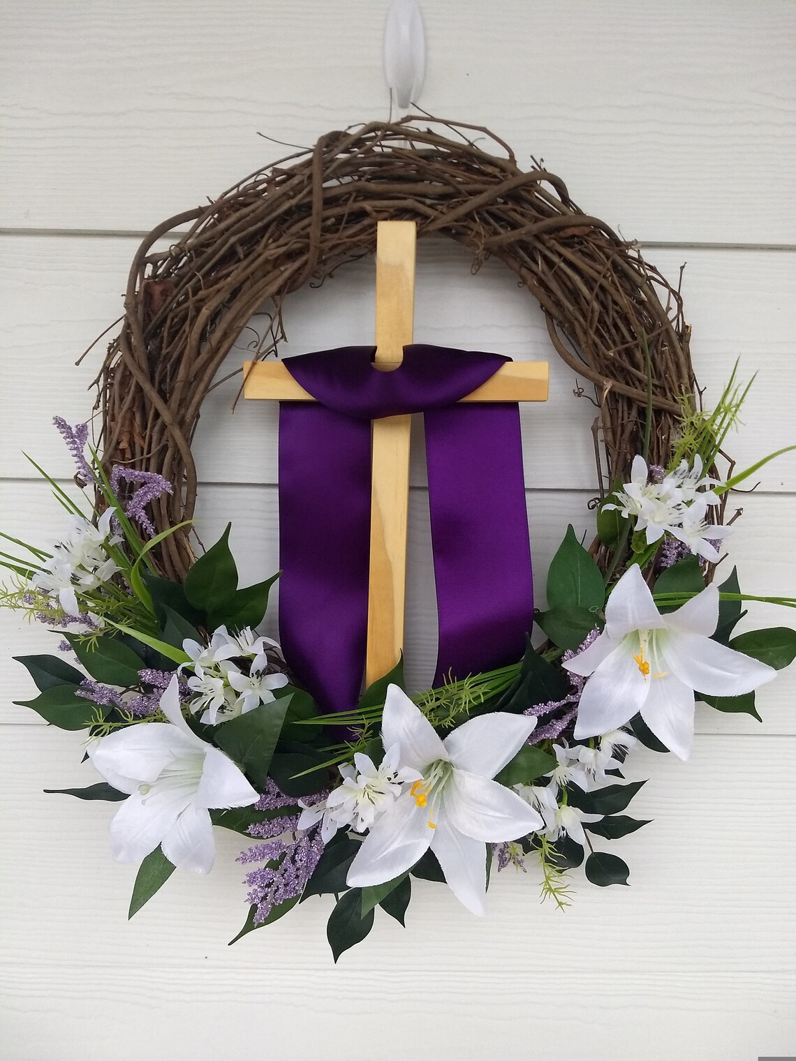 Easter Wreath With Cross and Easter Lilies, Draped Cross Wreath, Cross ...