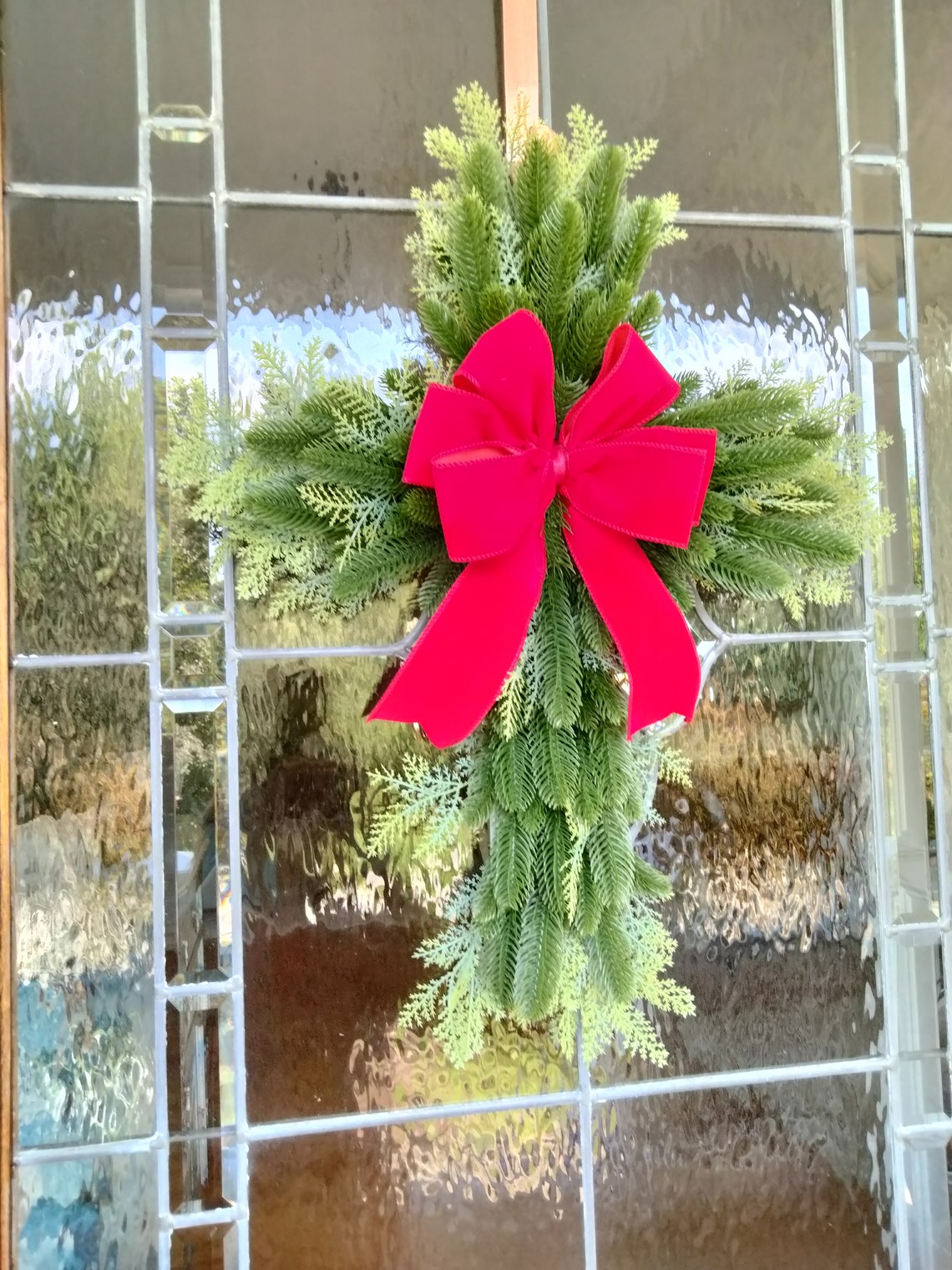 Christmas Cross Wreath, Evergreen Pine, Red Velvet Bow - Etsy