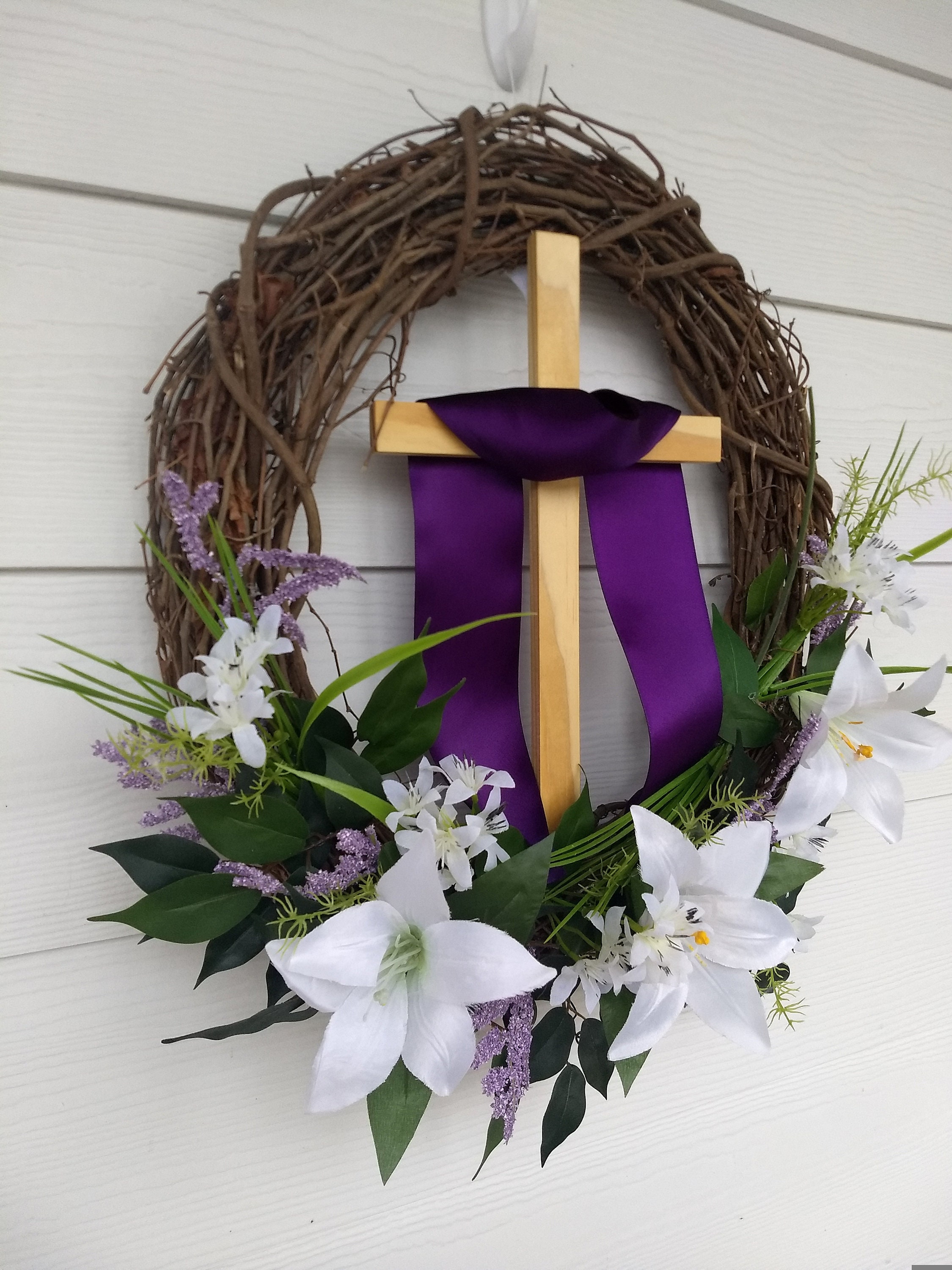 Easter wreath with cross and Easter lilies draped cross | Etsy