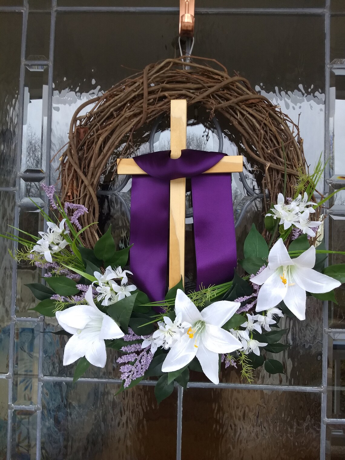Easter Wreath With Cross and Easter Lilies, Draped Cross Wreath, Cross ...
