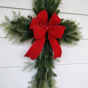 Christmas Cross Wreath, Evergreen Pine, Red Velvet Bow - Etsy
