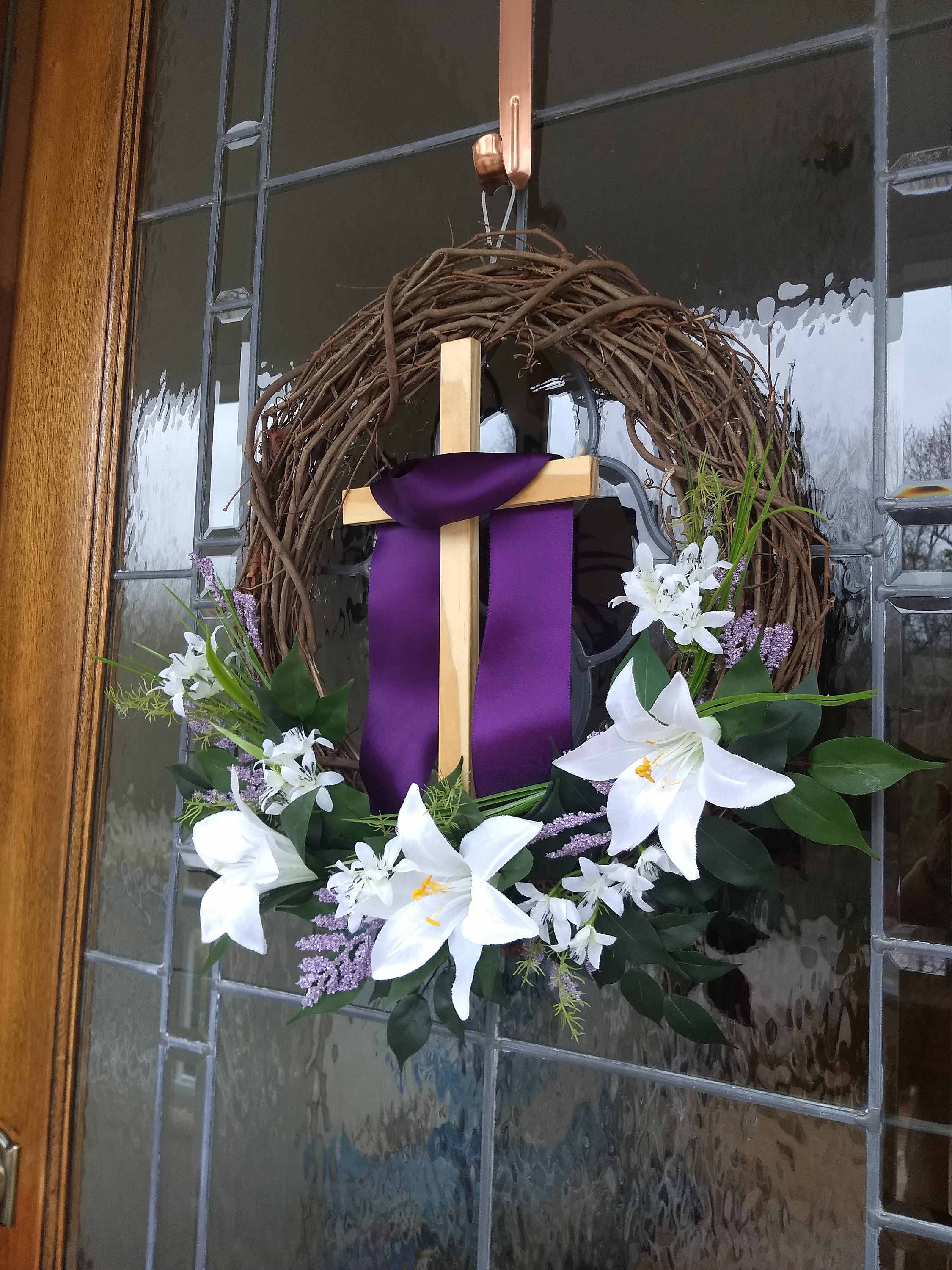 Easter wreath with cross and Easter lilies draped cross | Etsy