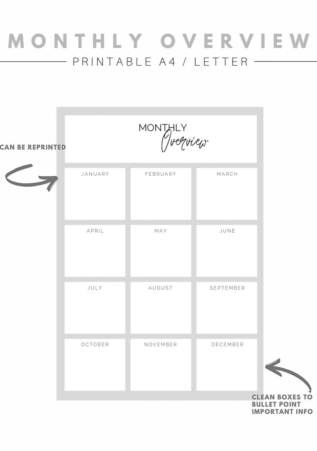 Monthly Overview Printable Planner Insert, A4 and US Letter Refill ...
