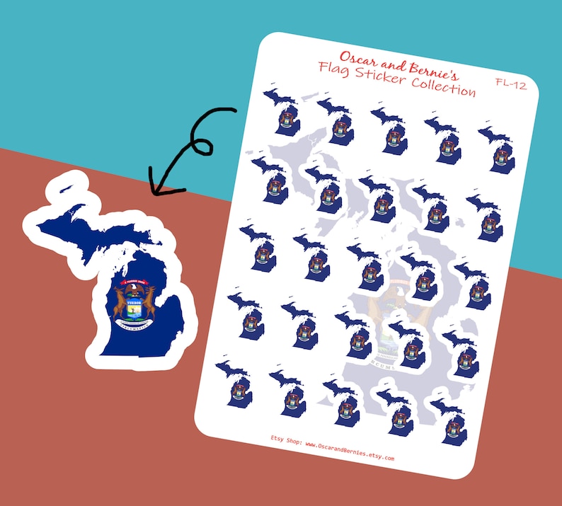 Michigan Map-shaped Flag Sticker Sheet Envelope & Journal 25 Individual ...