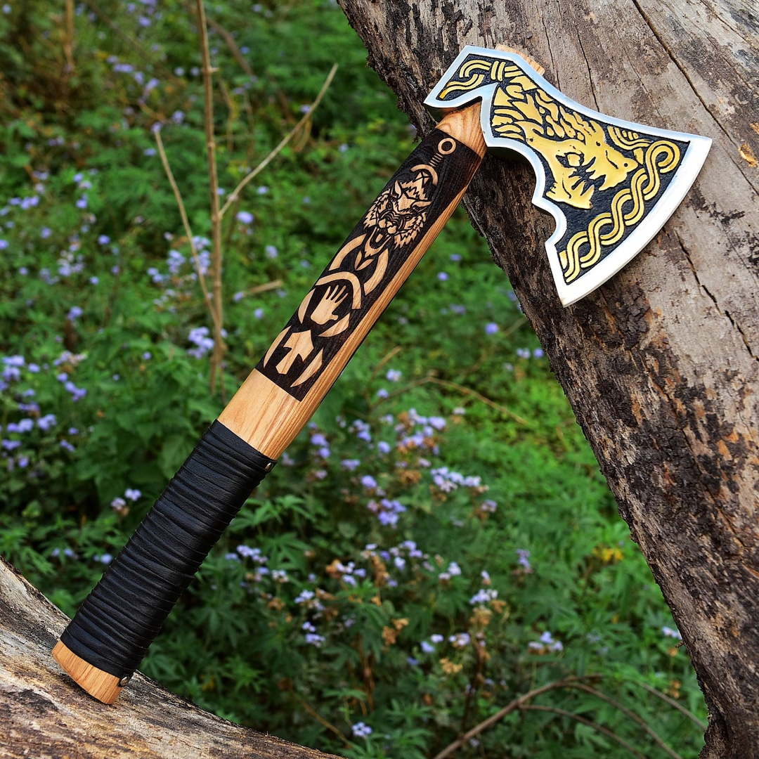 Viking Hand Forged Axe RAGNAR Hand Symbols Scandinavian Battle Axe Gold ...