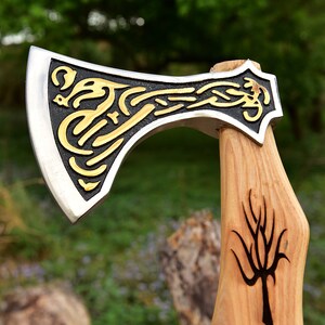 Viking Hand Forged Axe RAGNAR Tree Etching Battle Axe Scandinavian Axe ...