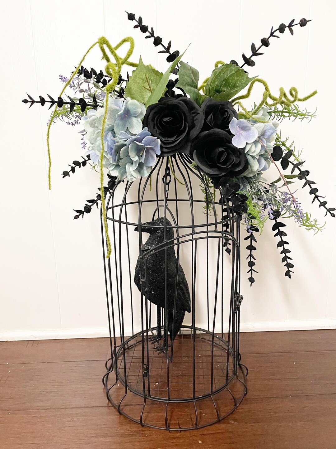 Gothic Crow & Floral Halloween Centerpiece, Spooky Black Birdcage Decor ...