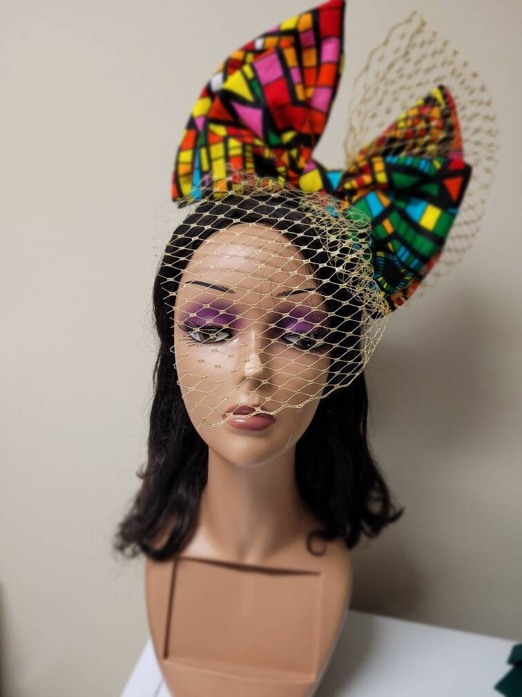 Ankara Double Bow Fascinator: Handmade Party Headband With Birdcage ...