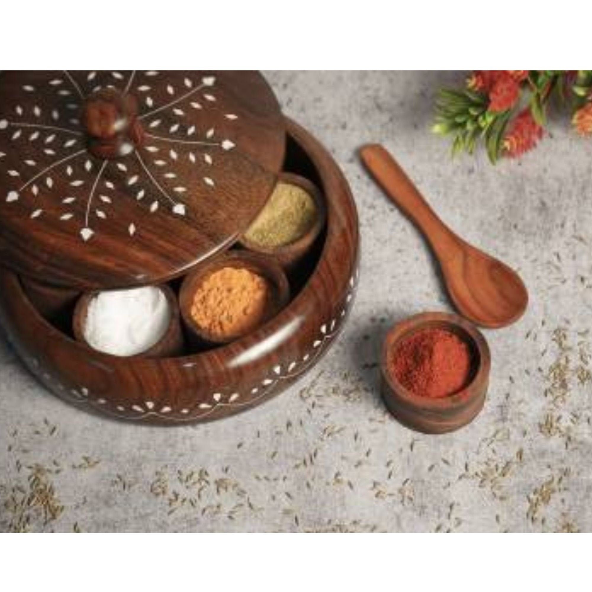 Wooden Handmade Spice Box Masala Dabba, Spice Rack Wooden Carved ...