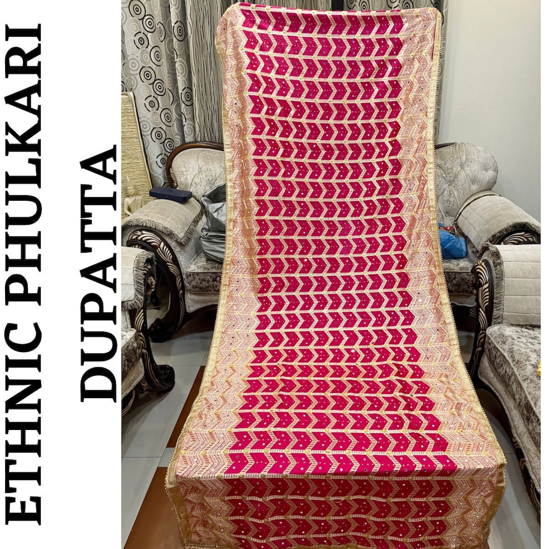 Red / Pink Heavy Mirror Work Phulkari Dupatta, Embroidered Handmade ...