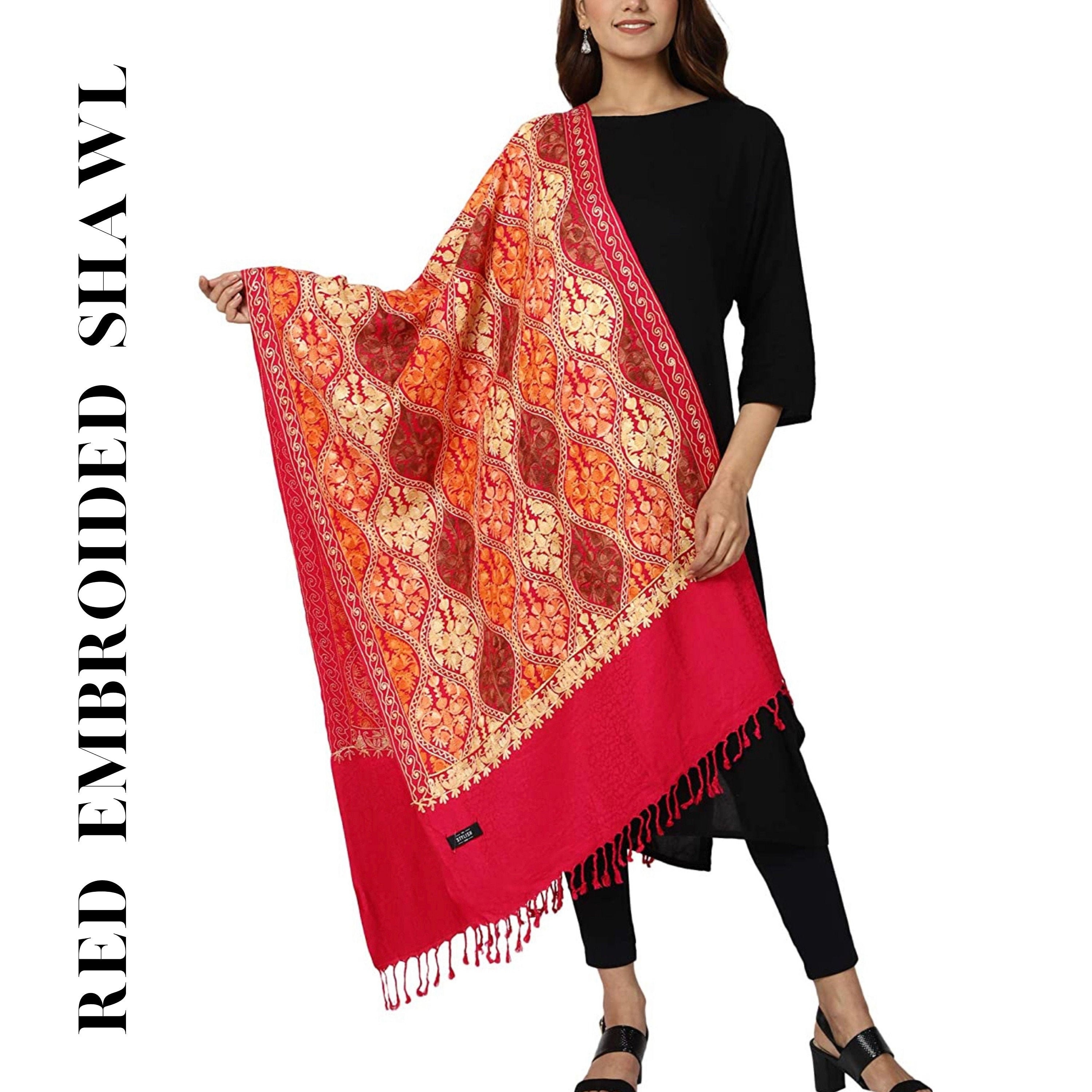Embroidered Red Shawl, Wedding Shawl, Kashmiri Shawl for All Occassions ...