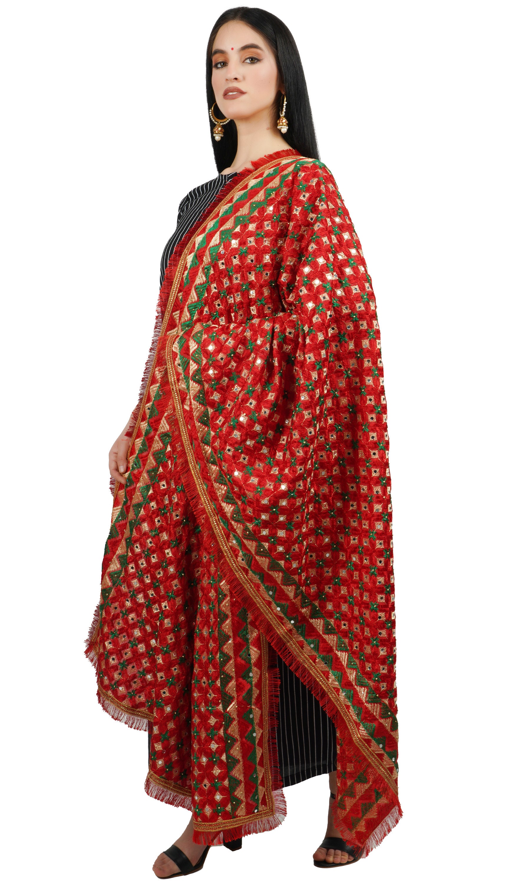 Red Heavy Mirror Work Phulkari Dupatta, Embroidered Handmade Phulkari ...