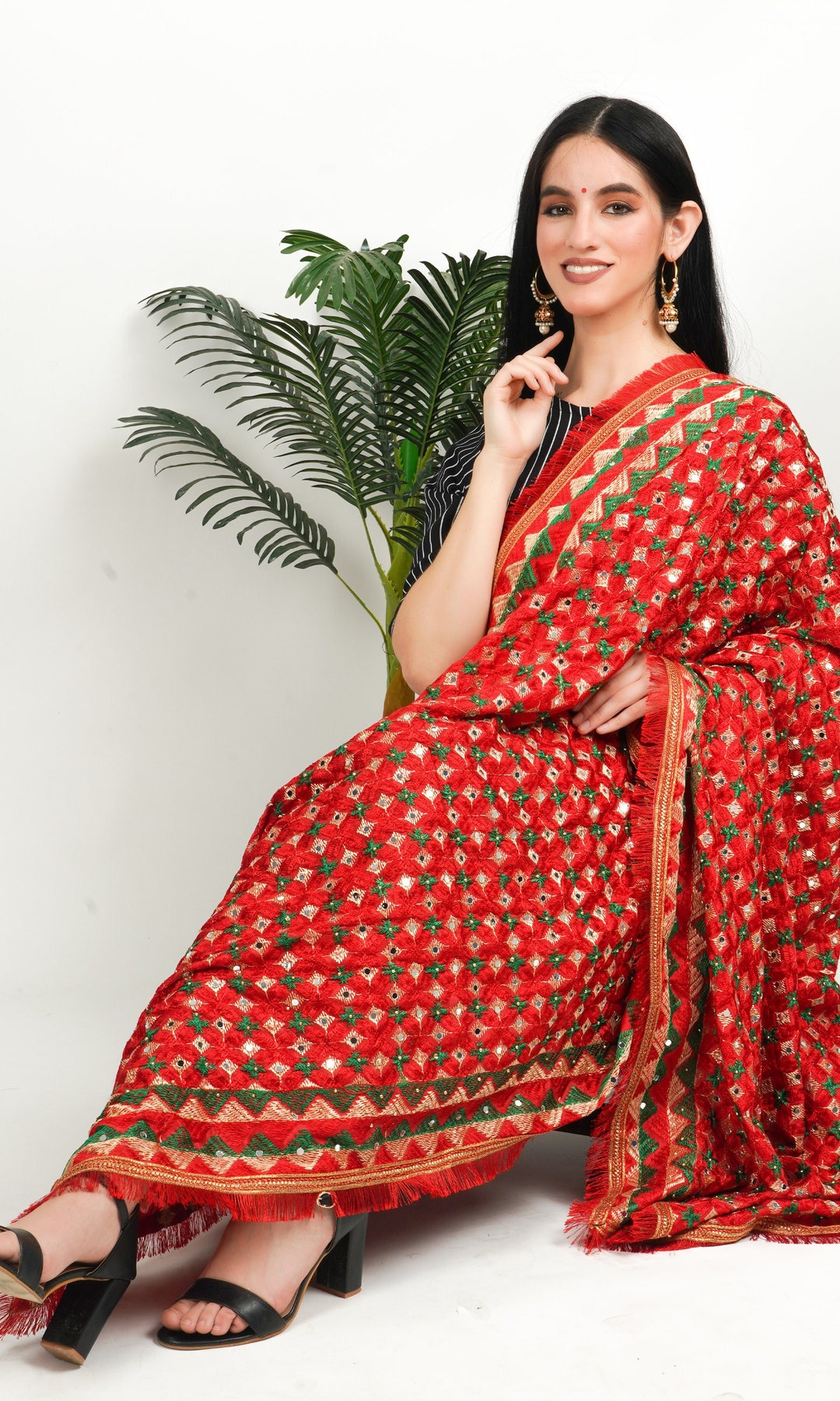Red Heavy Mirror Work Phulkari Dupatta, Embroidered Handmade Phulkari ...