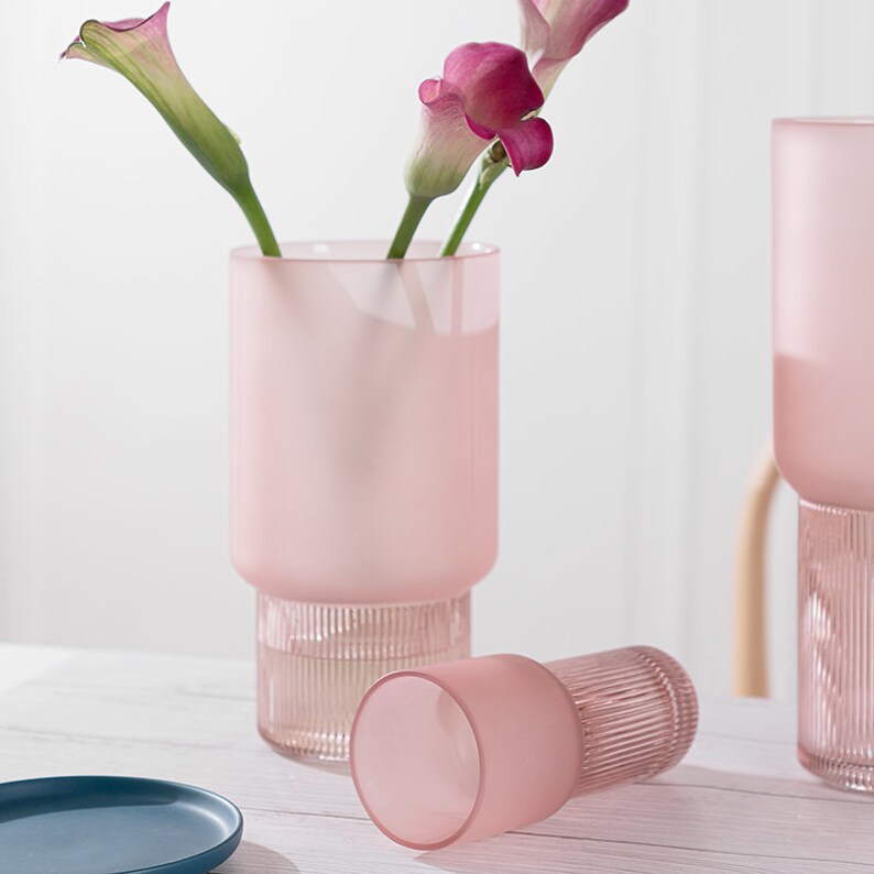Pink Glass Vase Frosted Texture Modern Creative Cylindrical | Etsy