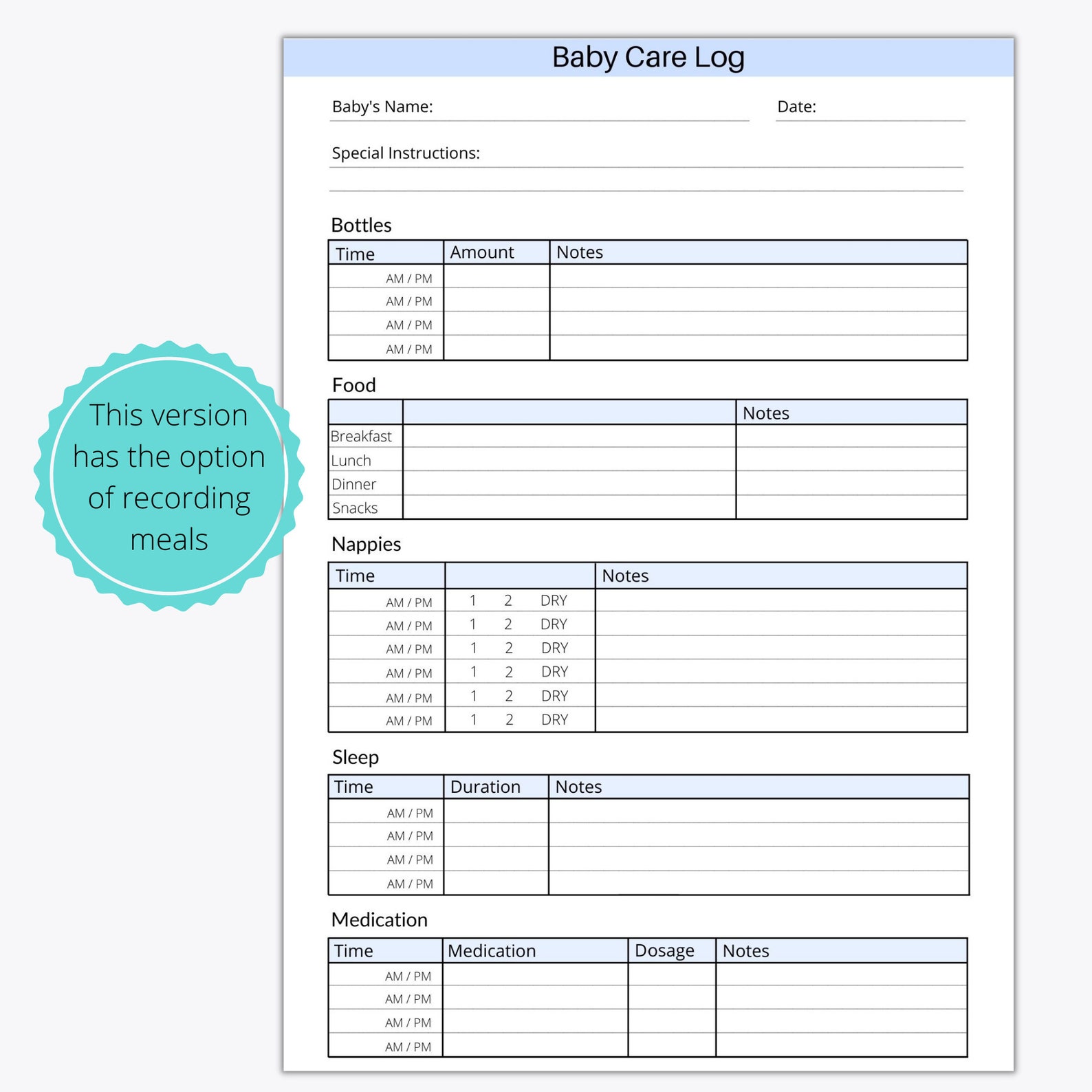 Printable Baby Care Log Insert. Daily Infant Care Log. Child Care ...