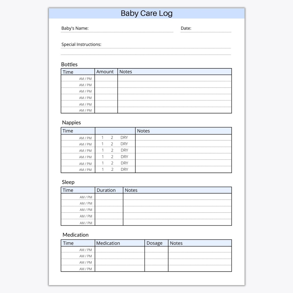 Printable Baby Care Log Insert. Daily Infant Care Log. Child Care ...