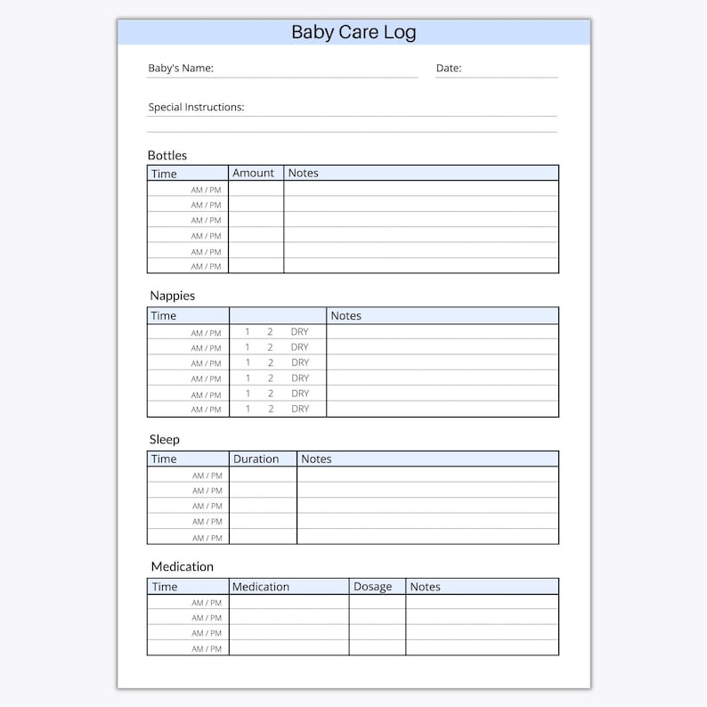 Printable Baby Care Log Insert. Daily Infant Care Log. Child Care ...
