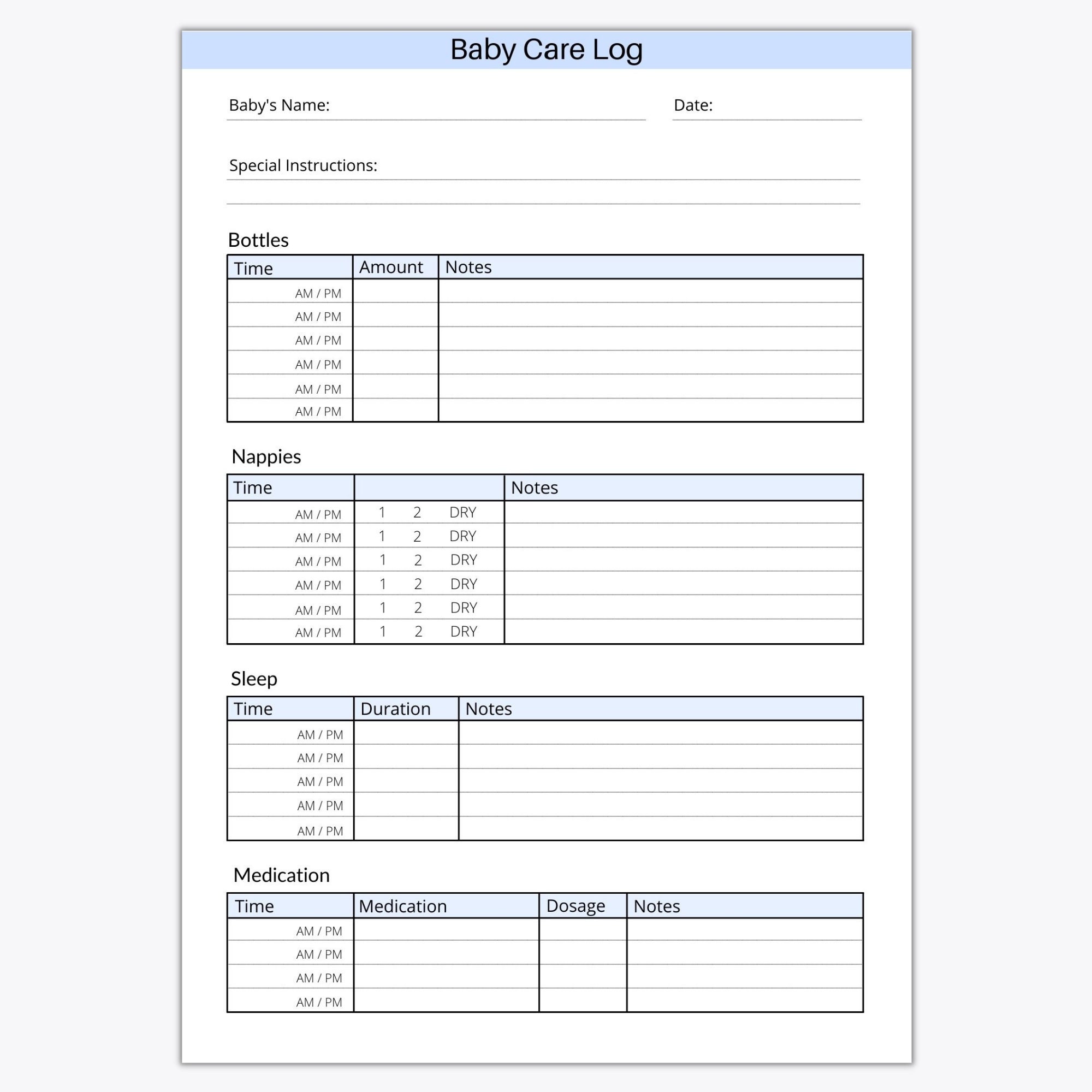 Printable Baby Care Log Insert. Daily Infant Care Log. Child Care ...