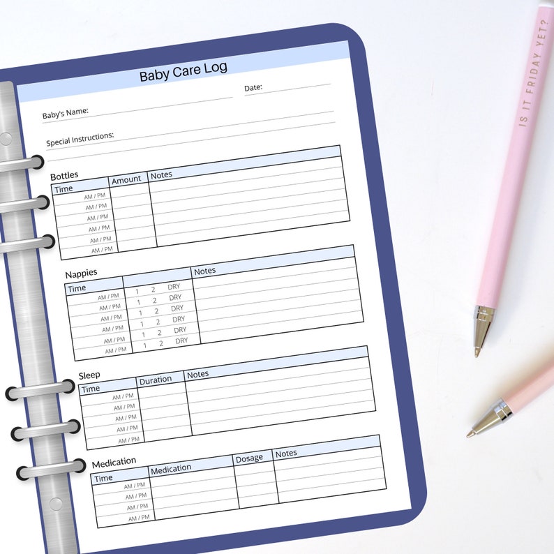 Printable Baby Care Log Insert. Daily Infant Care Log. Child Care ...