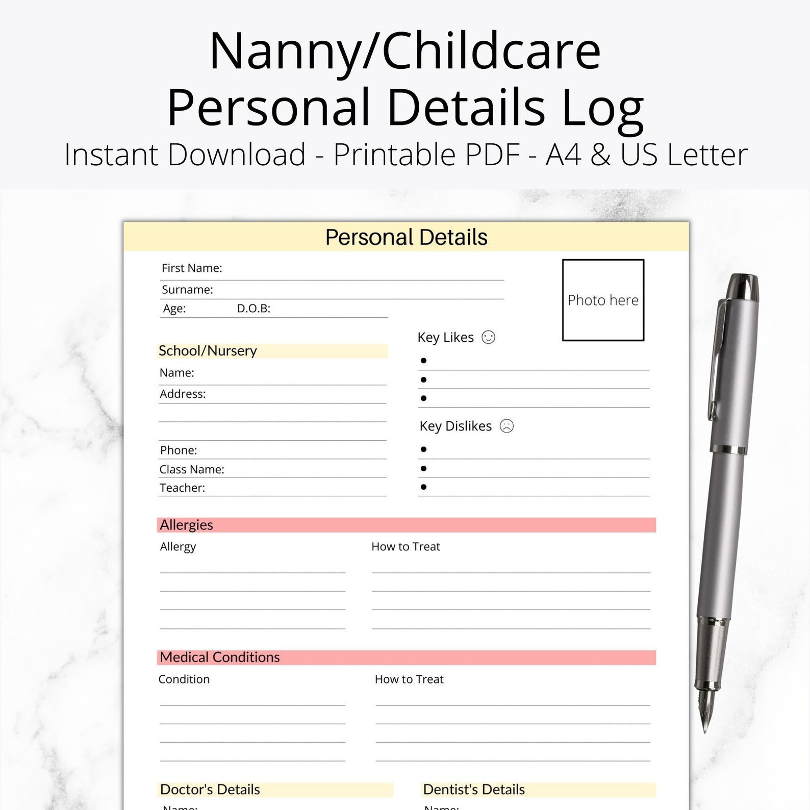 Printable Nanny Log: Baby/child Important Details. Child Tracker for ...