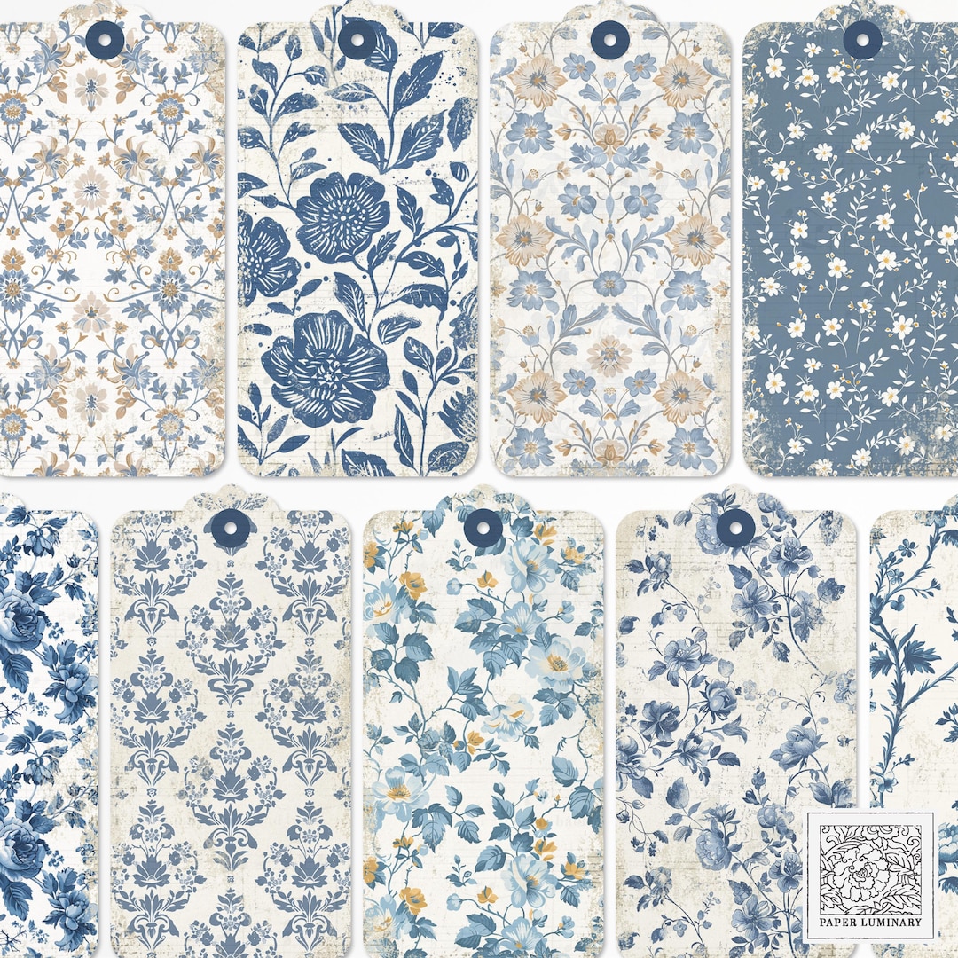 Vintage French Blue Floral Journal Tags: Printable Ephemera (digital ...