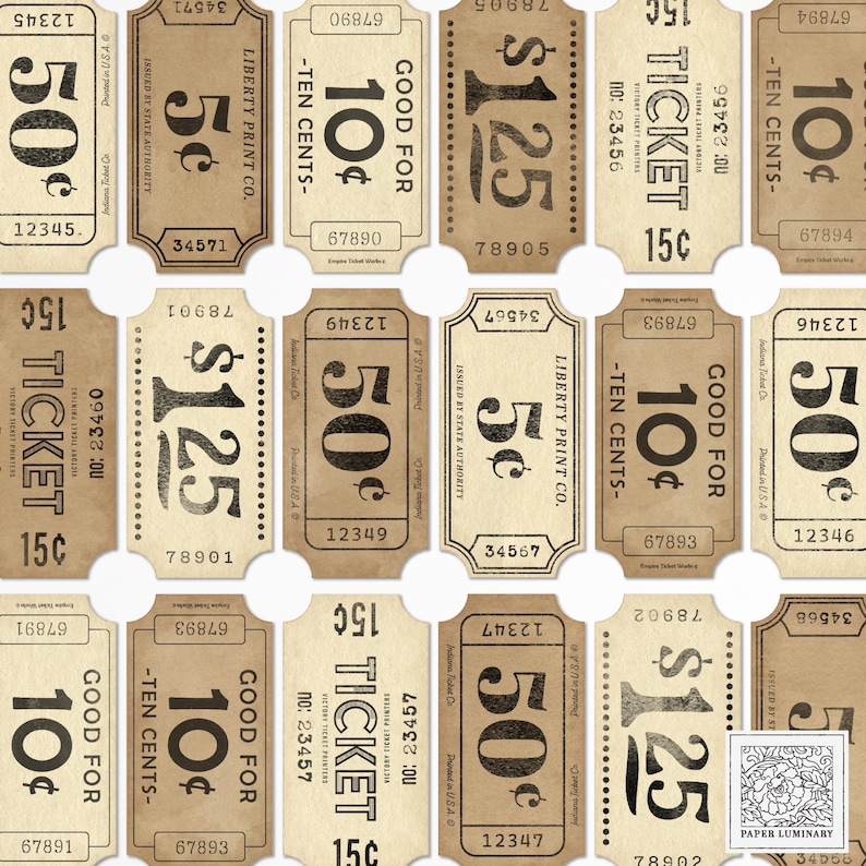 Vintage Text Printable Roll Style Tickets - Junk Journal Ephemera ...