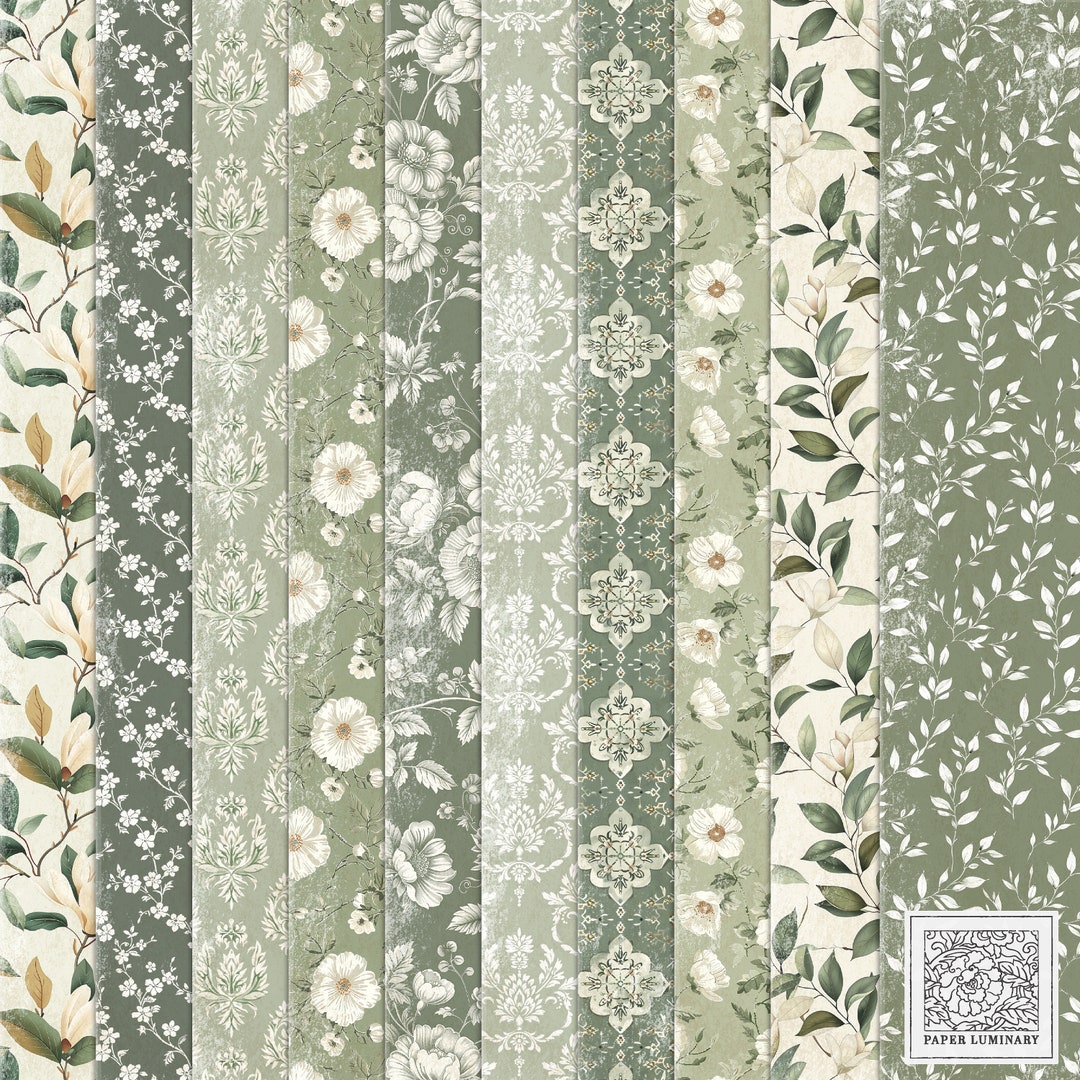 Sage Green Botanical Digital Printable Paper Set - Vintage Junk Journal ...