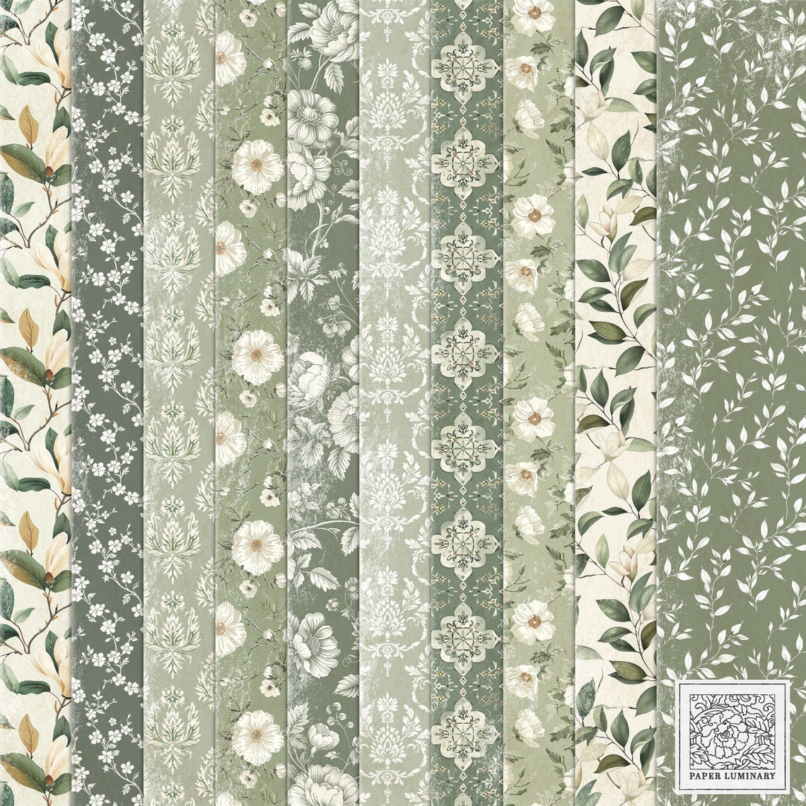 Sage Green Botanical Digital Printable Paper Set - Vintage Junk Journal ...
