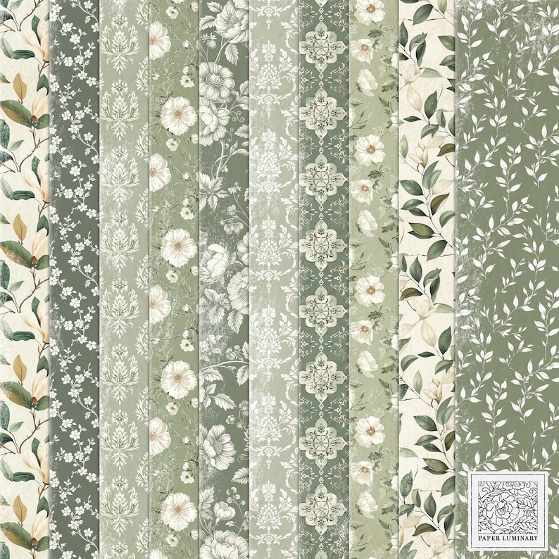 Sage Green Botanical Digital Printable Paper Set - Vintage Junk Journal ...