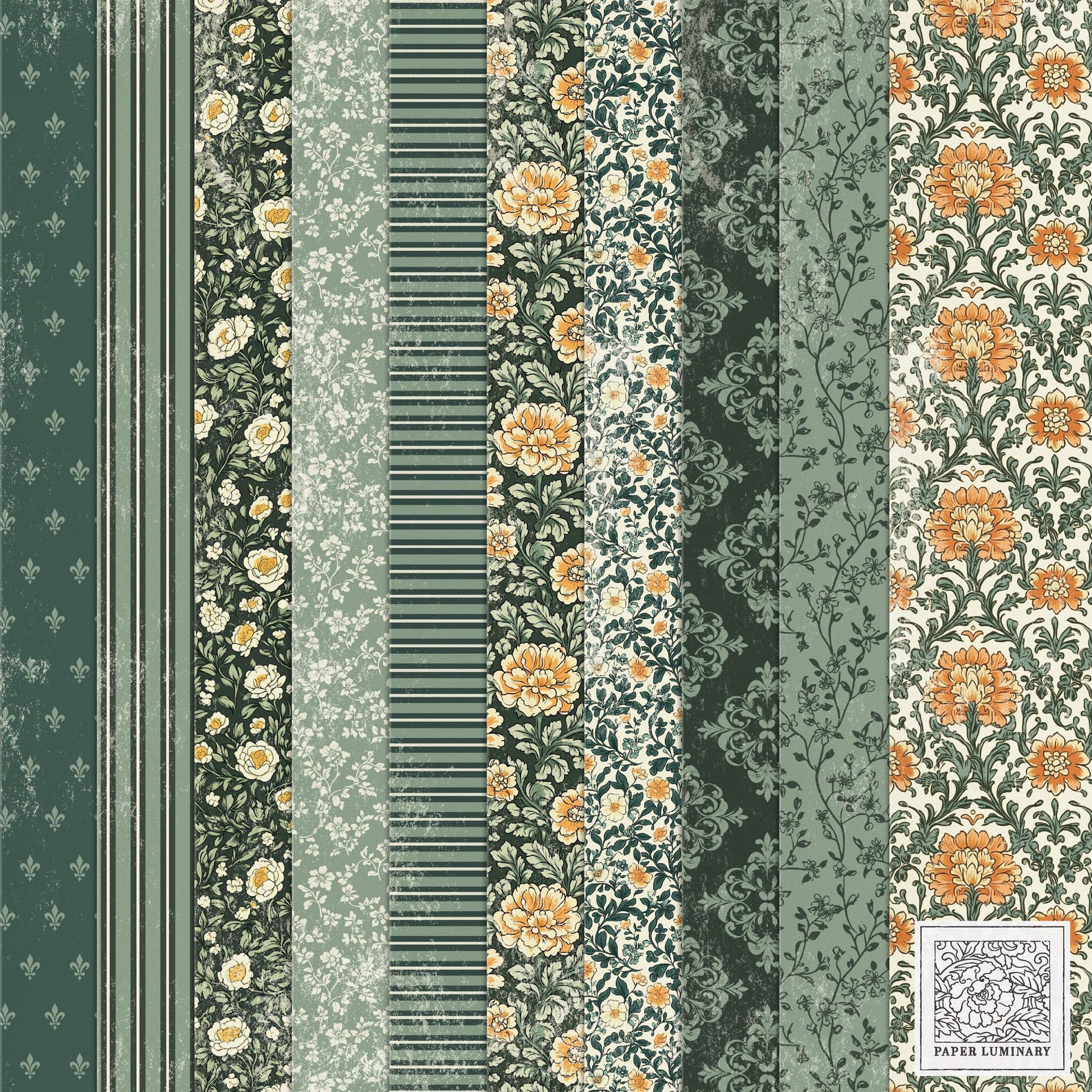 Vintage Floral Paper Set: Heritage Green Scrapbook Paper (digital ...