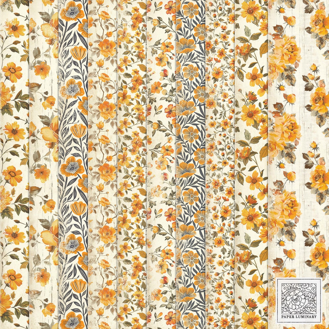 Happy Orange Floral Digital Printable Paper Set - Vintage Junk Journal ...
