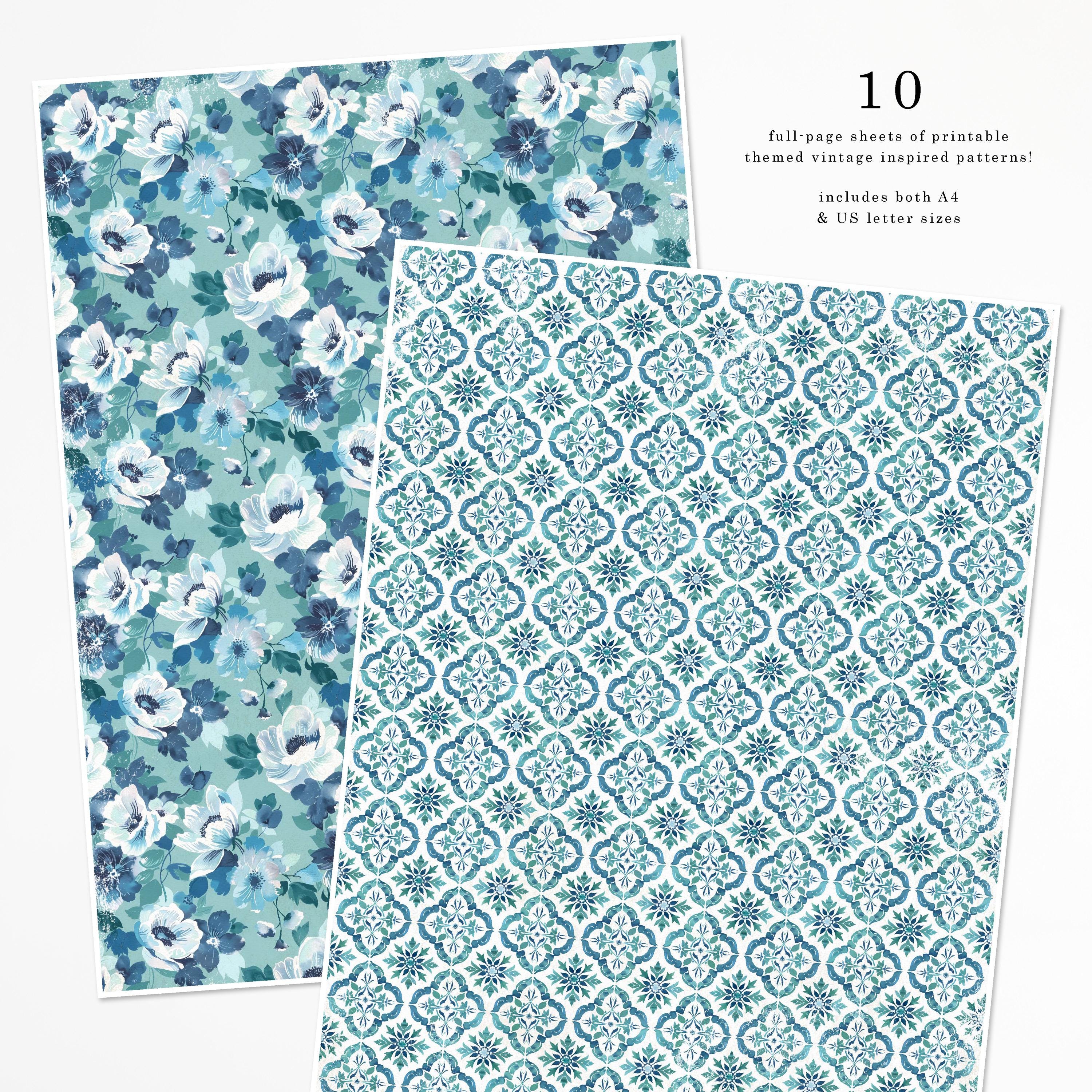 Turquoise Floral Digital Printable Paper Set - Vintage Junk Journal ...