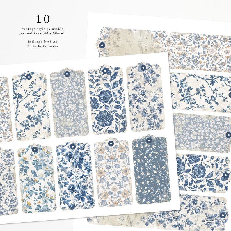 Vintage French Blue Floral Journal Tags: Printable Ephemera (digital ...