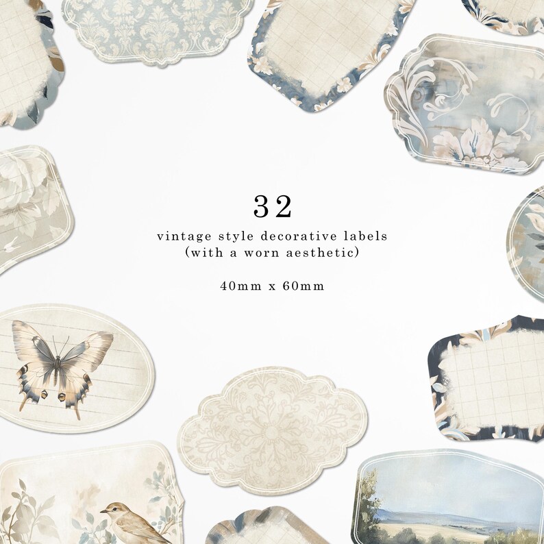 Worn Blue Decorative Vintage Labels Set - Junk Journal Collage, Digital ...
