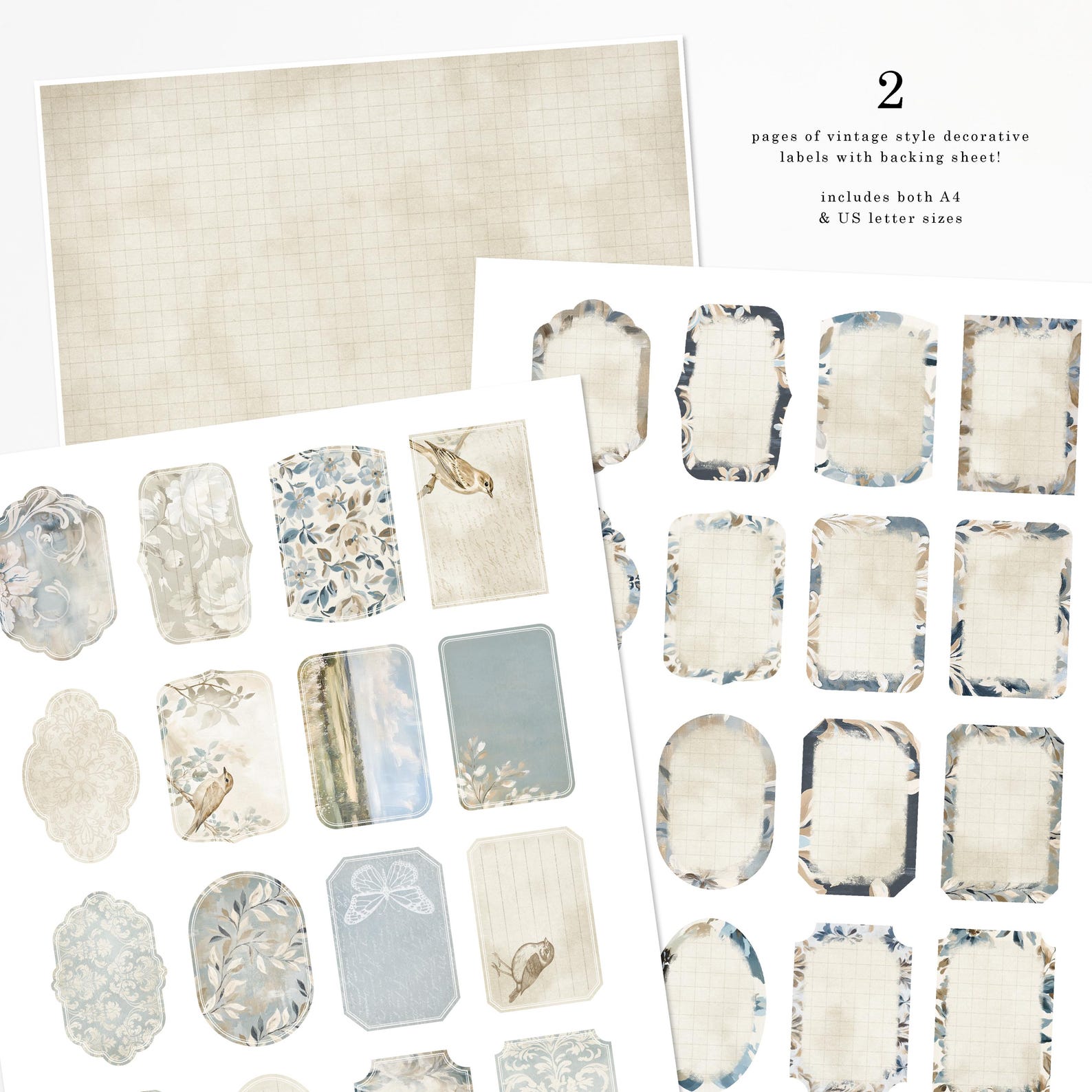 Worn Blue Decorative Vintage Labels Set - Junk Journal Collage, Digital ...