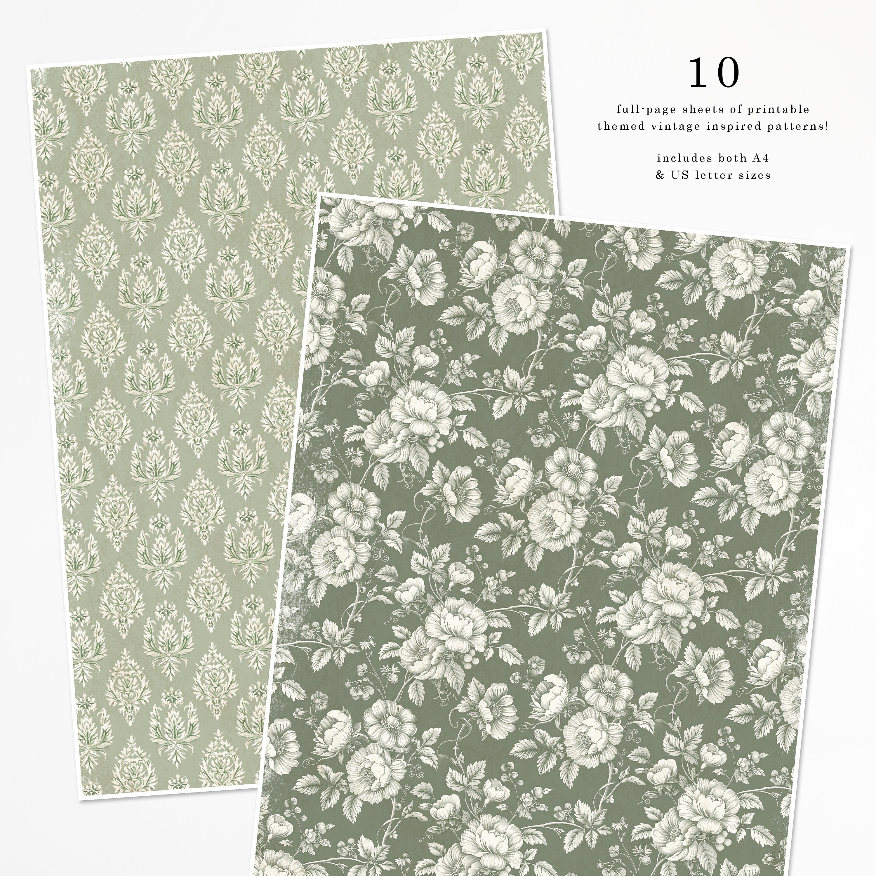 Sage Green Botanical Vintage Paper Set: Junk Journal, Scrapbook ...