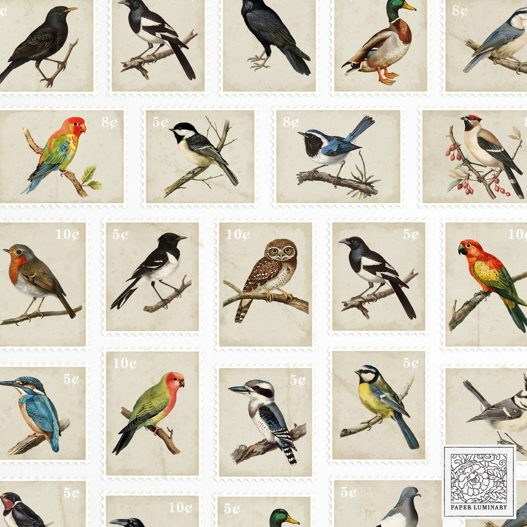 Birds Vintage Style Postage Stamp Set - Junk Journal Collage, Digital ...