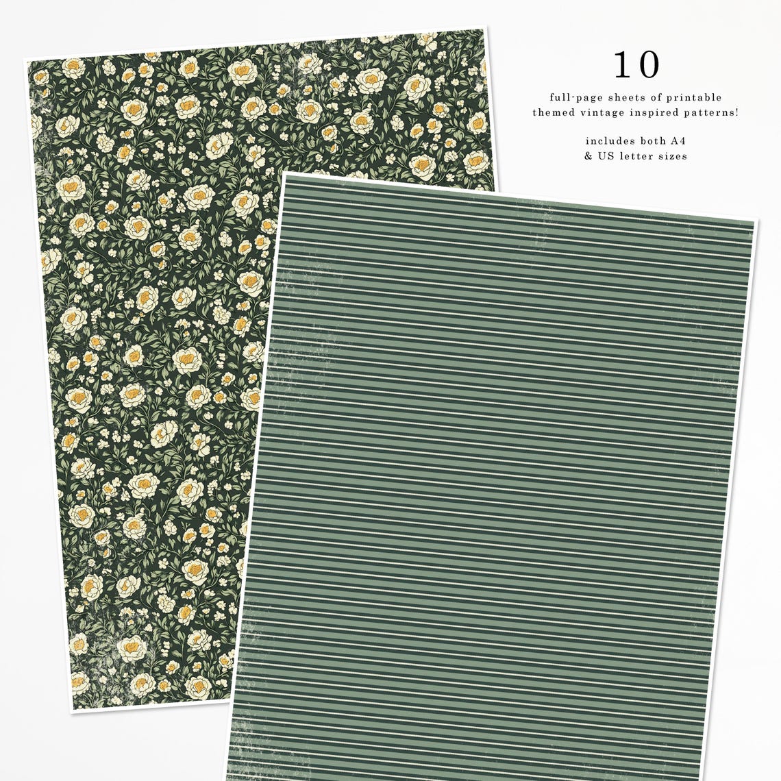 Vintage Floral Paper Set: Heritage Green Scrapbook Paper (digital ...