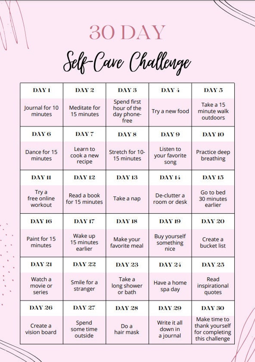 30 Day Self Care Challenge - Time to Love Yourself! - Etsy