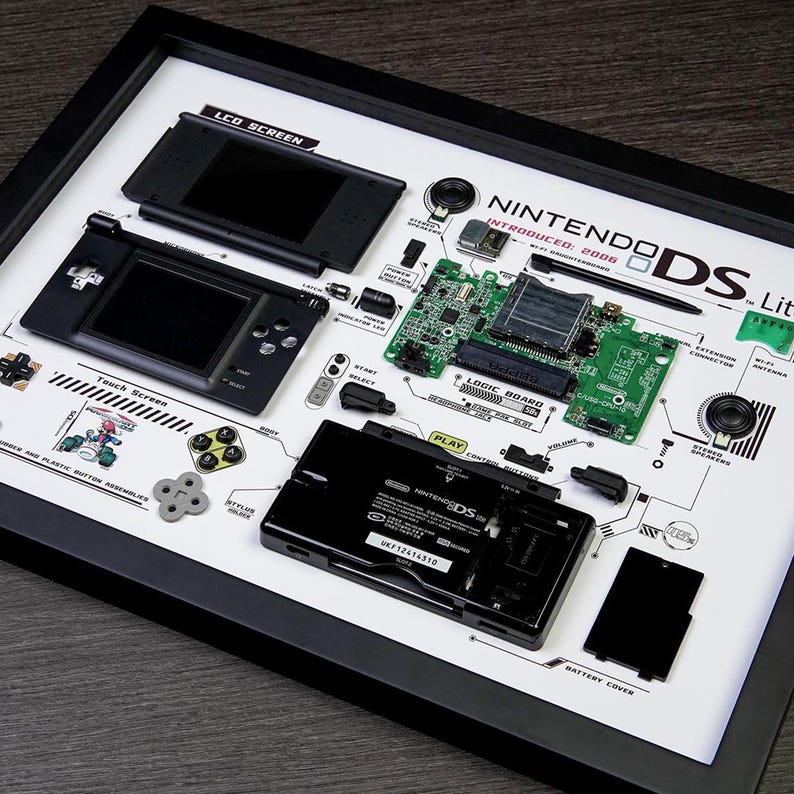 Framed Nintendo DS Lite Disassembled Art: Tech Gift, Wall Decor (11.7 X ...