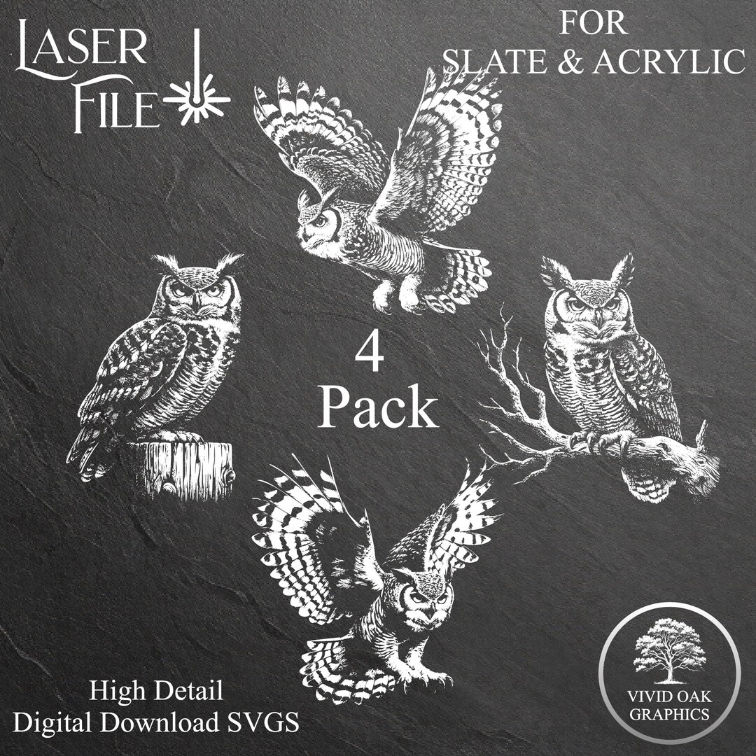 Horned Owl Bundle - 4 SLATE Engrave Files, SVG, Instant Digital ...