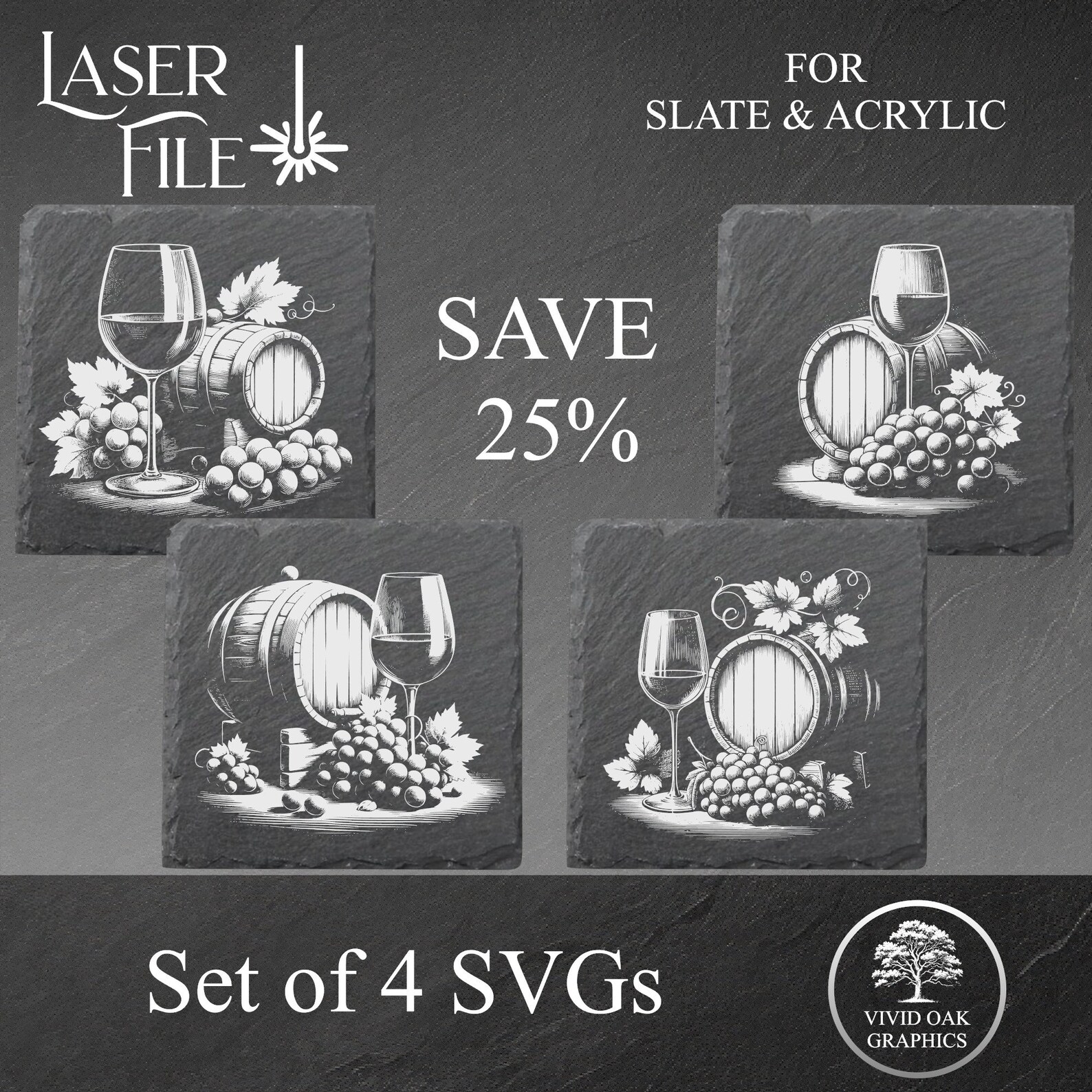 Wine Glasses SVG Laser Engrave Files: Slate, Acrylic, Glass (digital ...