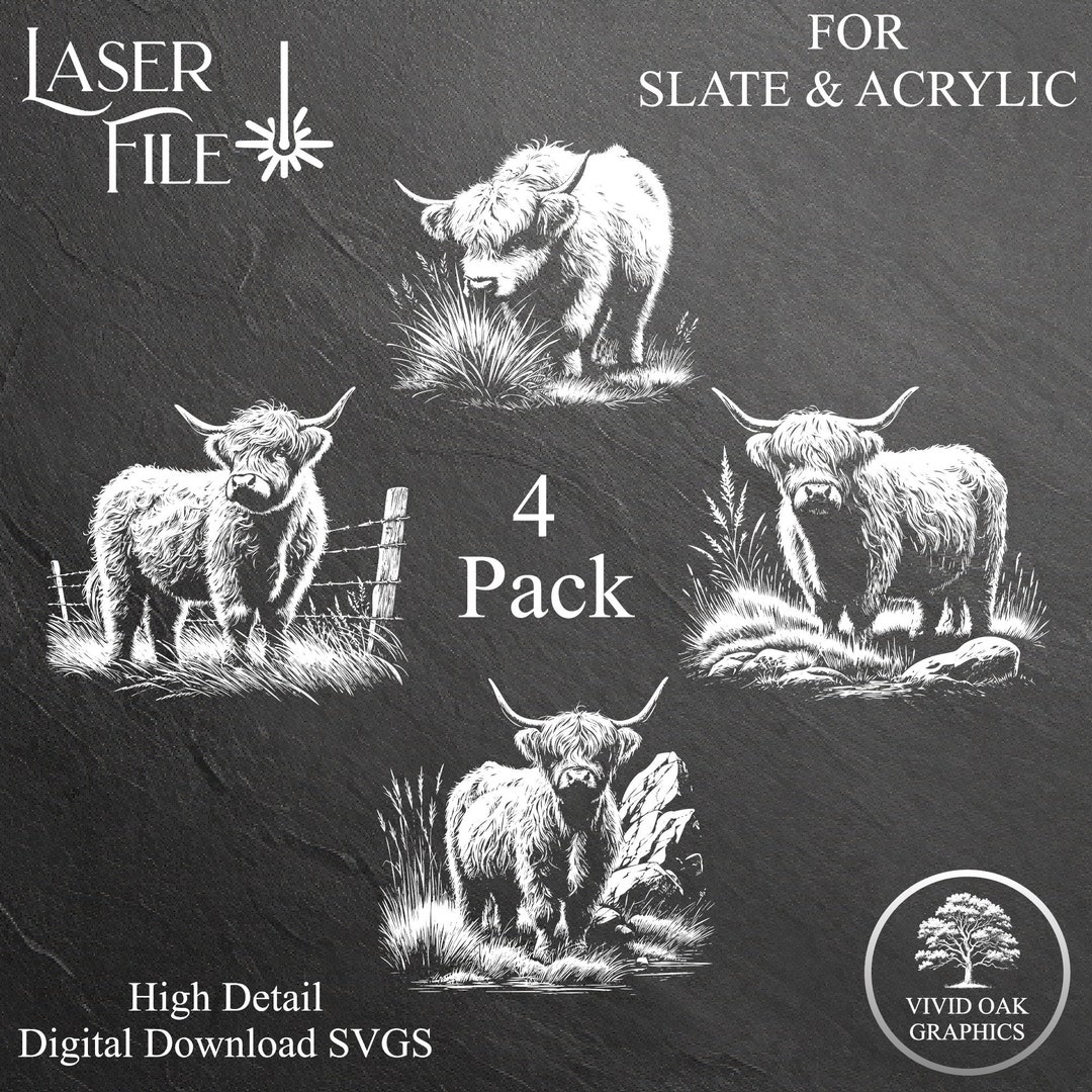 Highland Cows Bundle - 4 SLATE Engrave Files, SVG Instant Digital ...