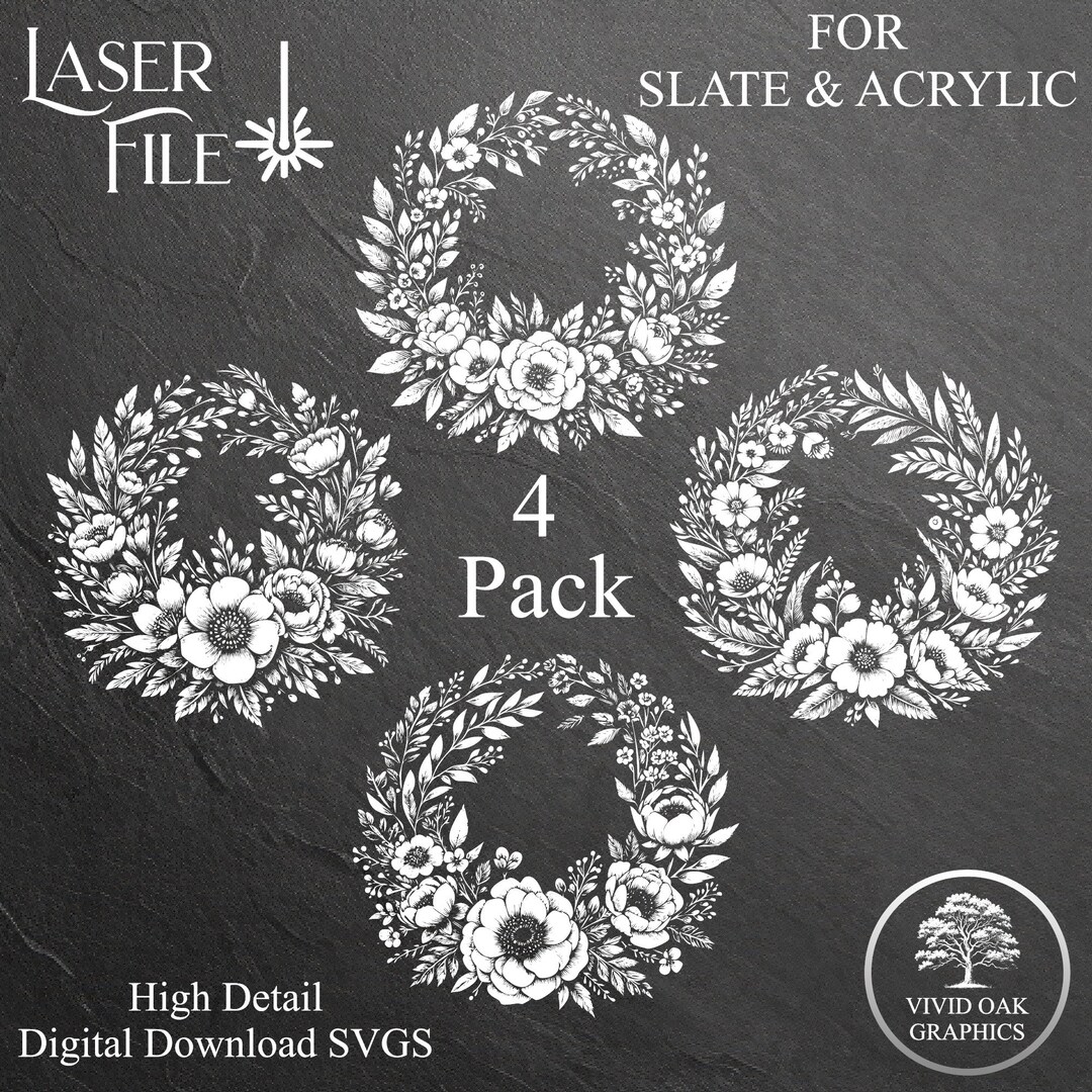 Floral Wreath Bundle - 4 SLATE Engrave Files, SVG, Instant Digital ...