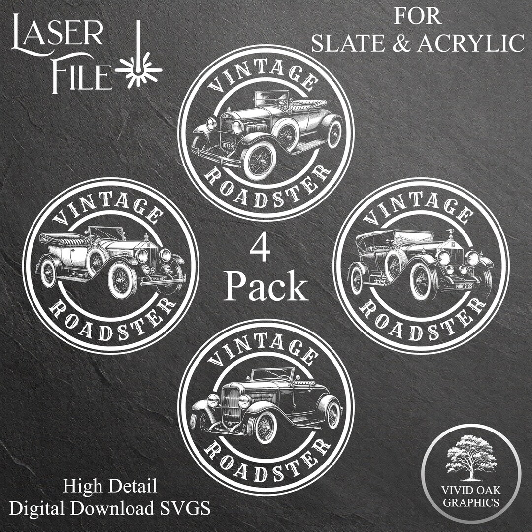 Vintage Roadster Round Bundle - 4 SLATE Engrave Files, SVG, Instant ...